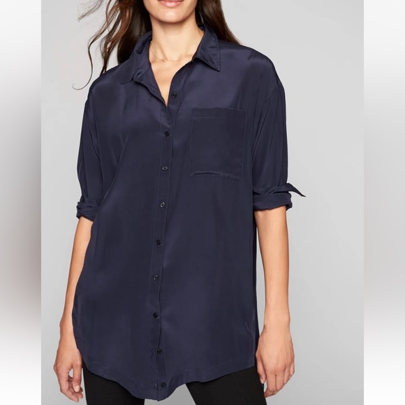 Athleta | Tops | Athleta Navy Blue Silk Button Down Tunic Travel Work Top Size Large Petite ...